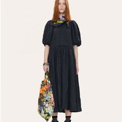 丹麦轻奢设计师SG 黑色重磅皱纹面料宽松短袖娃娃连衣裙长裙