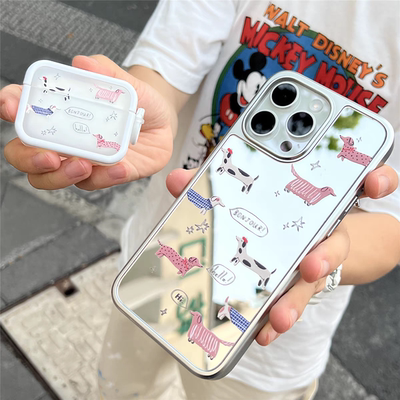 原创个性创意可爱腊肠狗电镀银边镜面适用于苹果手机壳iPhone16promax15pro/14/13/12/11小米14promate60P70