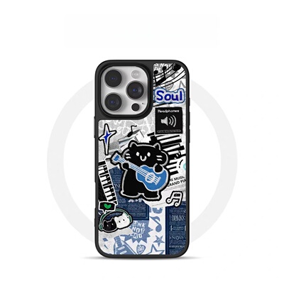 ins风摇滚小黑猫电镀银黑边磁吸适用苹果iPhone17promax手机壳1612pro小米1415Pro华为mate60p70三星S23防摔