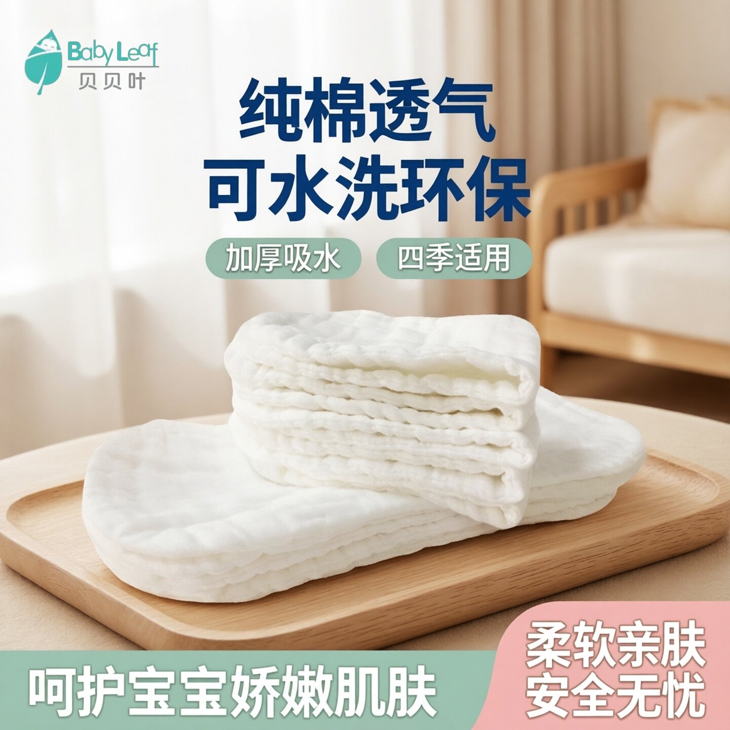 贝贝叶宝宝尿布纯棉透气新生婴儿介子布纱布可洗纱布尿片春夏加厚