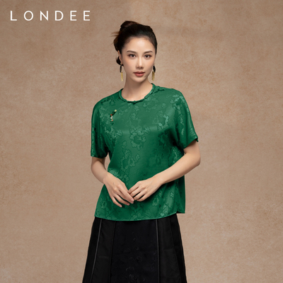 Londee/龙笛新中式气质绿色衬衣国风提花上衣显白宽松衬衫5S22251