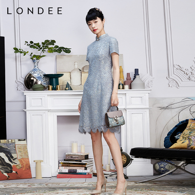 Londee/龙笛优雅淡紫蓝新中式中长裙春夏气质蕾丝连衣裙女3S21697