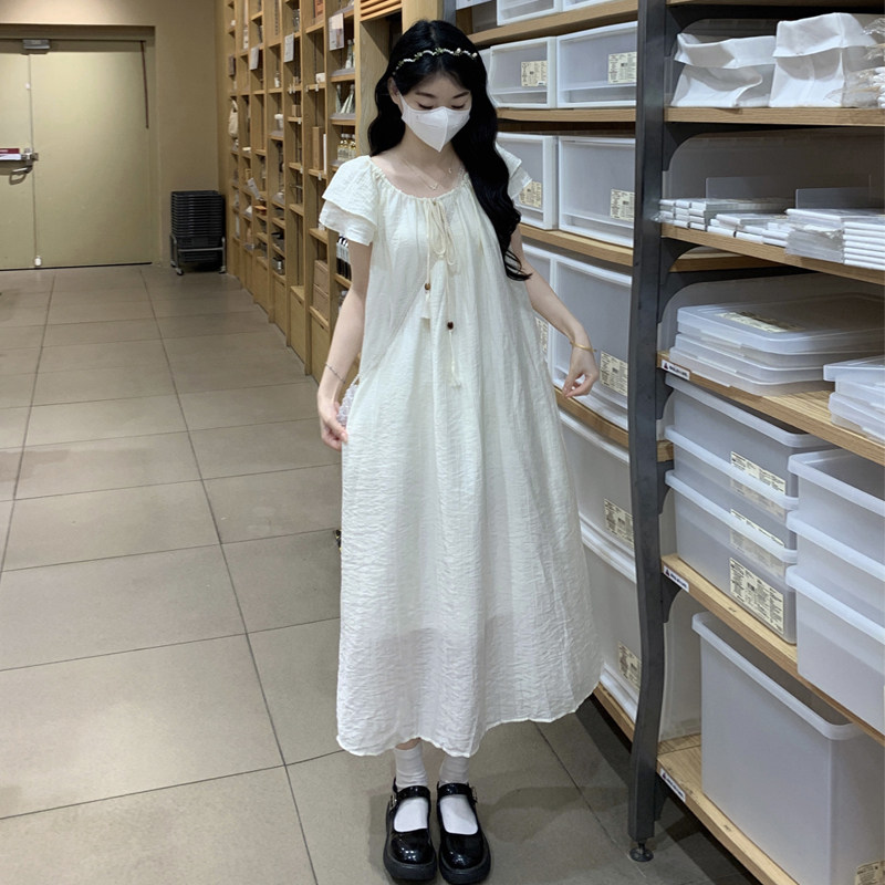 法式肌理感短袖气质连衣裙女夏2025新款温柔风大码宽松显瘦长裙子