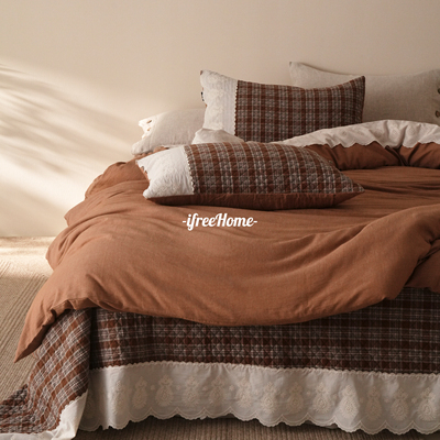 色织格纹全棉床盖三四件套A类母婴纯棉绗缝床盖棉纱蕾丝被套床品