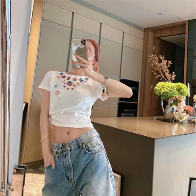 mskin6笑脸家 印花T恤女新款百搭纯棉修身上衣潮牌显瘦配外套