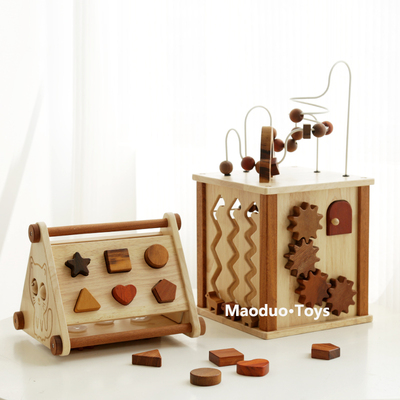 高端实木儿童多功能益智多面体绕珠百宝箱积木配对搭建拉车玩具WB