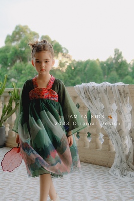 【清仓】jamiya春秋款连衣裙薄绒款长袖汉服裙女童绿色汉服裙