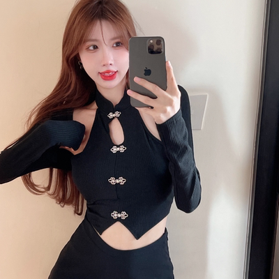 春季纯欲甜酷性感辣妹风小心机镂空挂脖背心女外搭长袖T恤两件套