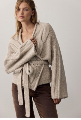 美国购买燕麦色羊驼毛和羊毛浴袍绑带毛衣短款外套Wrap Cardi