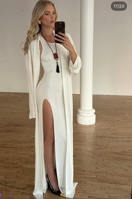 美国购elsahosk白色女神披肩开叉长裙两件套