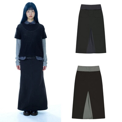 韩国直邮 coyseio 25秋冬新款 撞色拼接开叉直筒修身半身长裙女