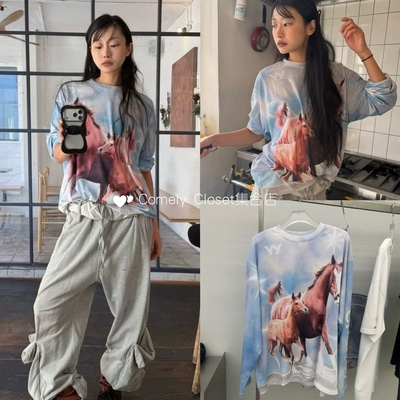 韩国直邮 Openyy 26春季节新款 马年限定款红骏马印花长袖T恤上衣