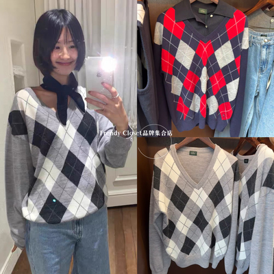 韩国直邮 The barnnet 24新款八奶V领长袖菱形格纹毛针织衫上衣女