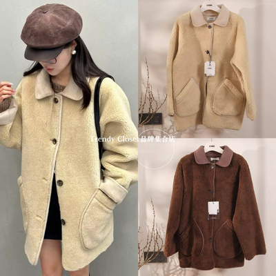 韩国直邮 ethos仿皮毛一体羊羔绒羊毛大衣方领中长款环保皮毛外套