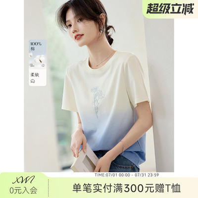 XWI欣未吊染渐变印花T恤女2025夏季百搭显瘦今年流行的漂亮小上衣