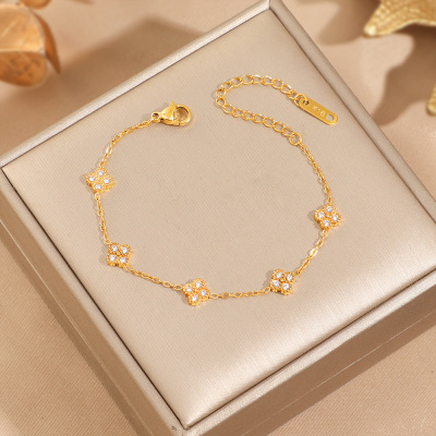 高级感18K金镶钻四叶草手链女精致时尚百搭手饰品