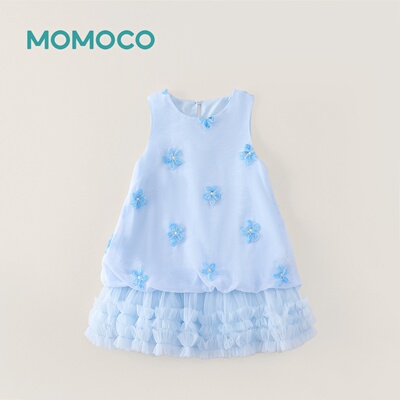【栗子专属】MOMOCO女童夏季甜美花朵网纱拼接无袖连衣裙