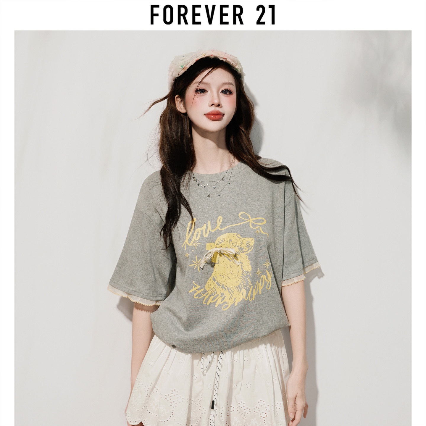 Forever 21灰色蕾丝边印花短袖T恤女春夏穿搭宽松显瘦休闲上衣