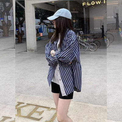 韩系时尚蓝色条纹长袖衬衫女士