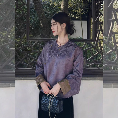 新中式国风紫色立领盘扣外套女