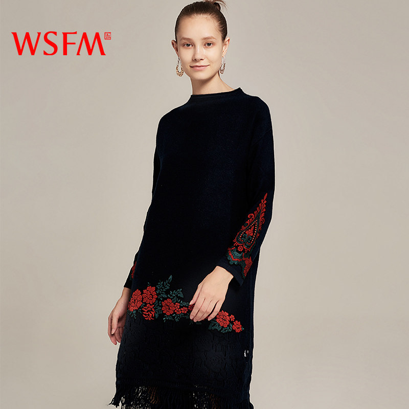 WSFM五色风马时尚流苏中长款绣花毛衫W18C3305_虎窝淘