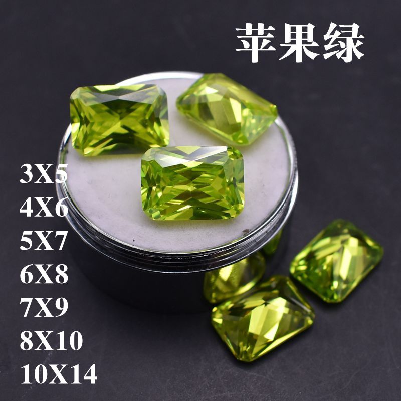 5A苹果绿长方倒角宝石戒面裸石果绿锆石翠绿色尖底人造CZ戒面Diy