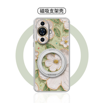 油画茶花适用于华为nova9手机壳新款nova16Pro礼品高端新年15Pro马年红色nova14女款小羊皮13防摔12保护壳