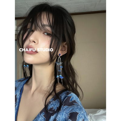 清冷感仙气撞色花朵流苏耳钉