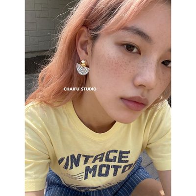 韩系撞色圆珠扇形设计感小巧耳钉