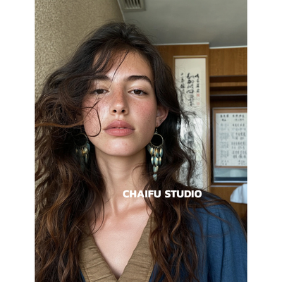 欧美复古青铜绿叶流苏耳环