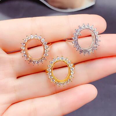 925银镀金椭圆形围钻戒指空托