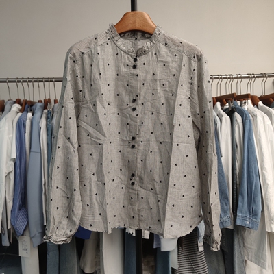 3326春季新款宽松薄款棉麻衬衣刺绣设计打底条纹印花通勤纯棉衬衫