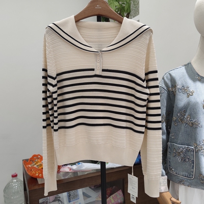 7997春季新款海军领条纹针织衫女洋气宽松天丝棉休闲薄款透气上衣