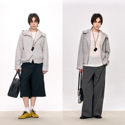 HOPECONCEPT慵懒假日休闲条纹连帽衬衫外套 男女同款#25092