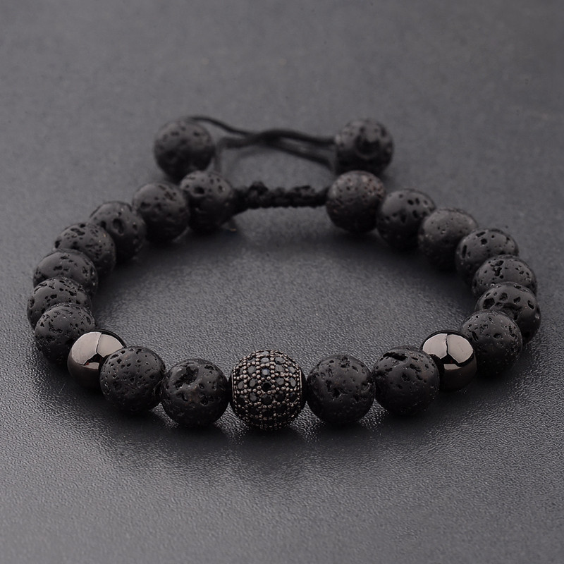 火山石手链 CZ Zircon Pave Lava Weaving Bracelet Men Beads_虎窝淘