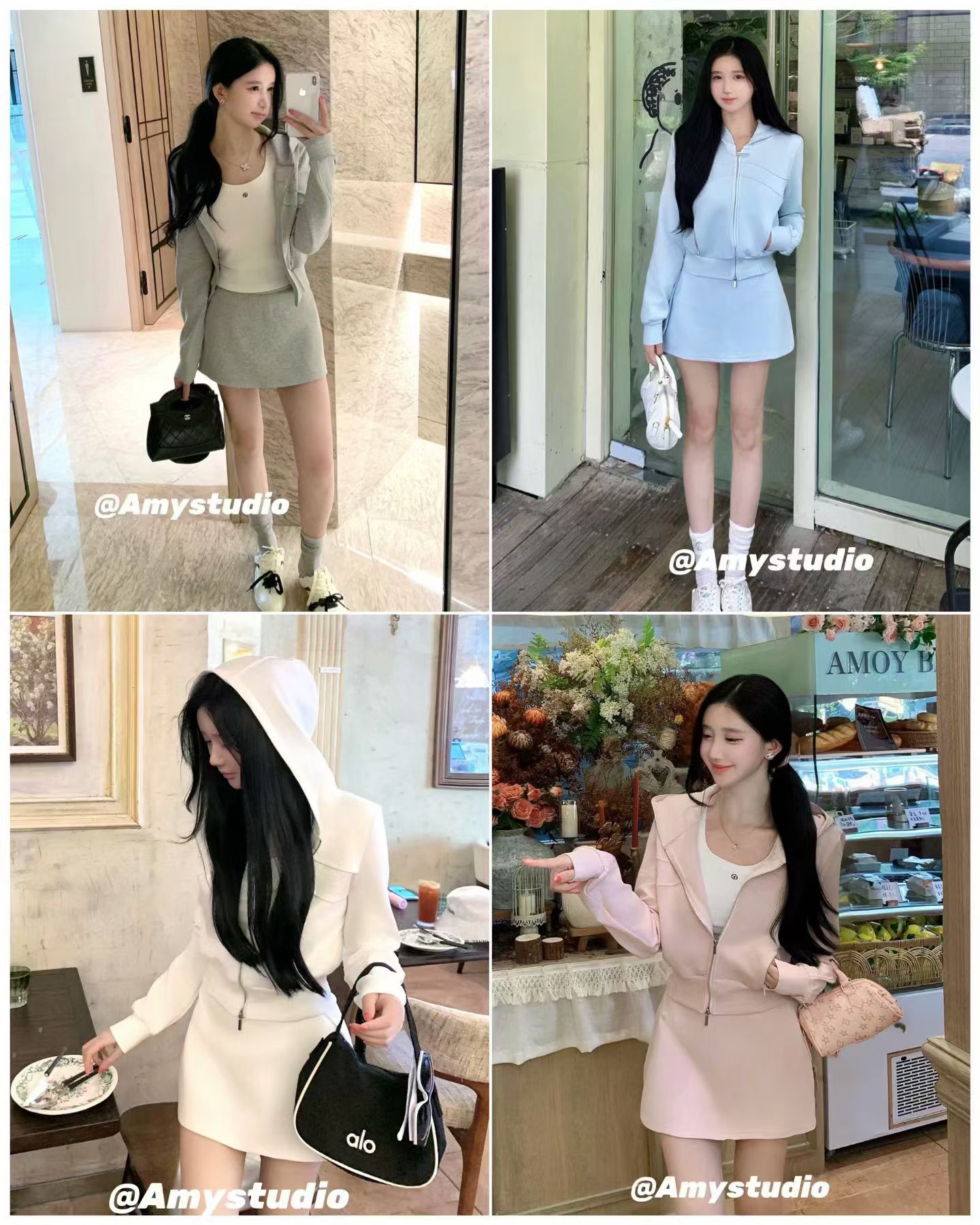 艾米Amy2026秋新款宽松休闲运动套装女长袖连帽开衫搭包裙三件套