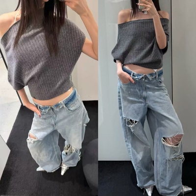 现货WEEEECHAN次日早晨  “优雅露肤”多种穿法螺纹针织短袖上衣