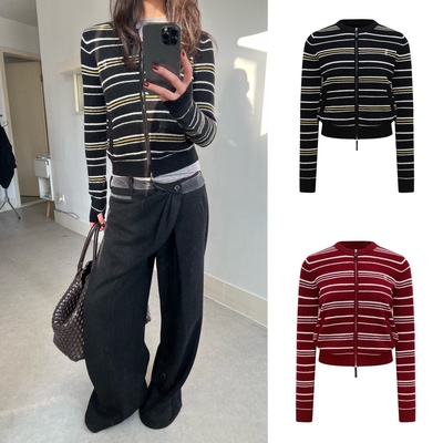 现货 WEEEECHAN次日早晨  条纹羊毛针织拉链开衫 黑色/酒红