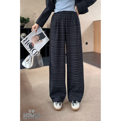 复古风百搭蓝格子直筒萝卜裤