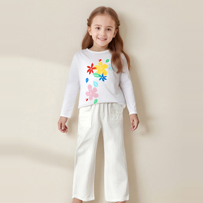 A2331 纯棉舒适女童休闲裤家居中小童直筒长裤纯色松紧腰百搭