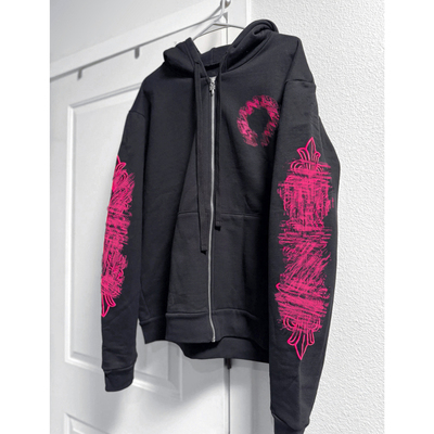 (现货)自主925银黑粉色马蹄花臂拉链连帽衫卫衣外套女男BlackPink