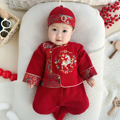 婴儿抓周连体衣男宝宝春秋唐装周岁满月少爷服新生儿百日爬服5733