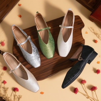 2.5/3.5/5cm羊皮国风新中式方头中跟高跟玛丽珍浅口软面单鞋女鞋