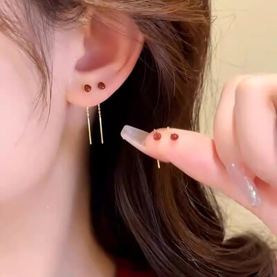 S925纯银针镀金红色珠珠流苏耳线