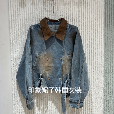 秋新复古双排扣收腰水洗牛仔短外