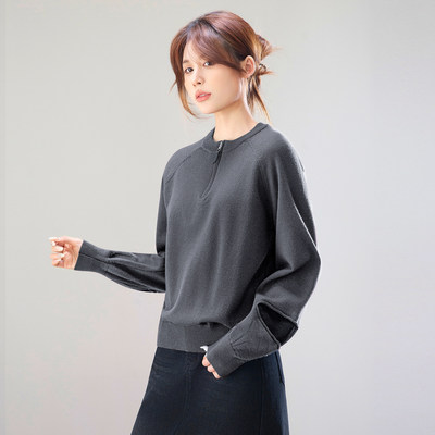 慵懒休闲圆领半拉链毛针织衫女秋冬2025新款宽松套头百搭通勤上衣