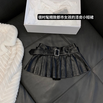 【时髦女团】性感漆皮钻扣腰带百褶裙裤日常休闲百搭短裙