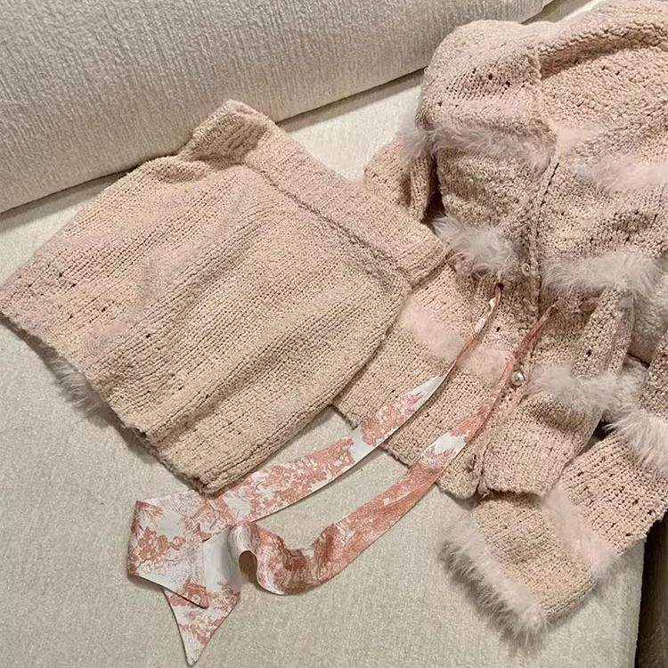 小美猫/纺貂拼接镂空针织套装女秋冬V领性感毛衣两件套