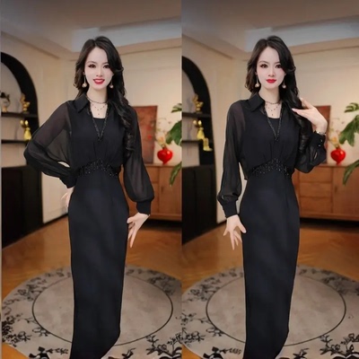 【赫本夜曲】2026春装新款洋气减龄收腰显瘦轻奢假两件时尚连衣裙