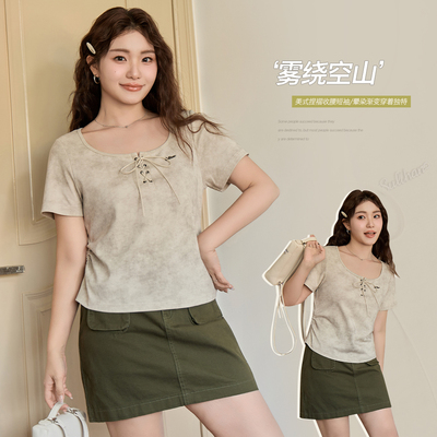 小波家2025夏季胖mm美式正肩绑带碎褶收腰方领上衣短袖
